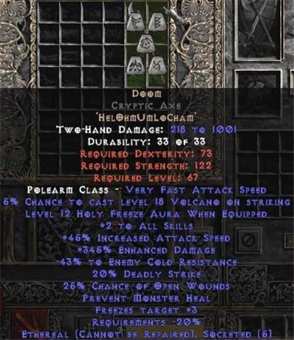Doom Cryptic Axe – Ethereal – 330-369% ED - East Ladder - D2RPG.com